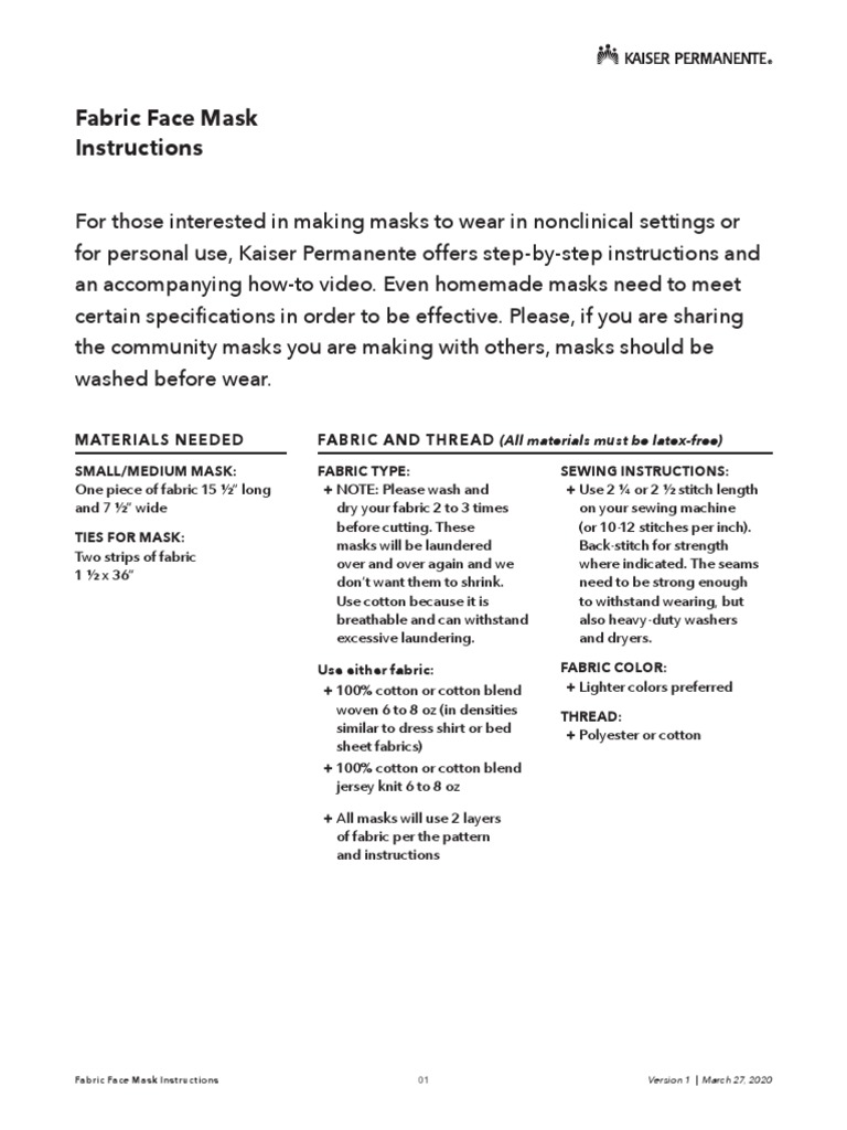 Fabric Face Mask Instructions: Materials Needed Fabric and Thread | PDF ...