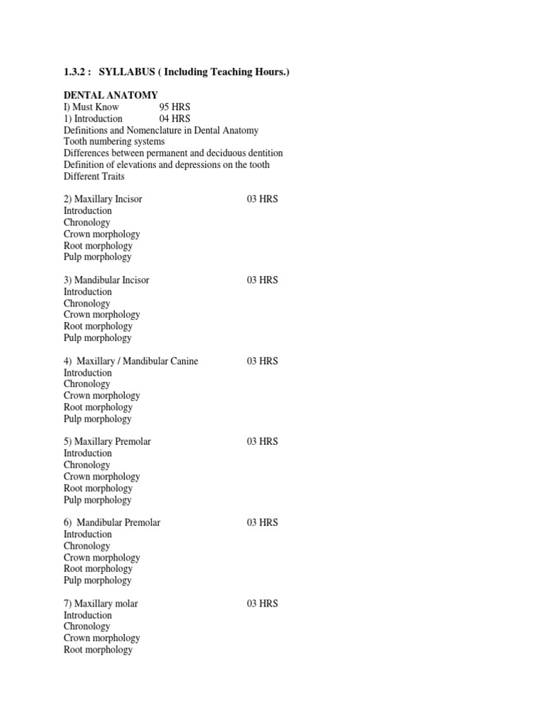 Dental Anatomy Syllabus Overview | PDF | Dental Anatomy | Tooth