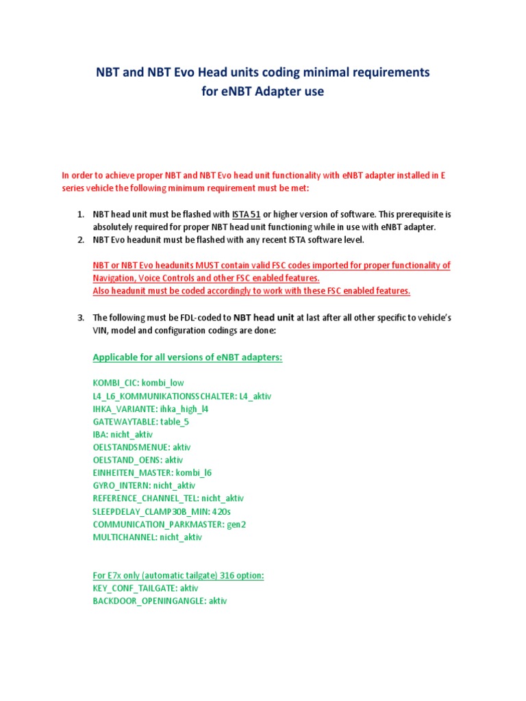 NBT (Evo) Head Unit Coding Minimal Requirements | Download Free PDF ...