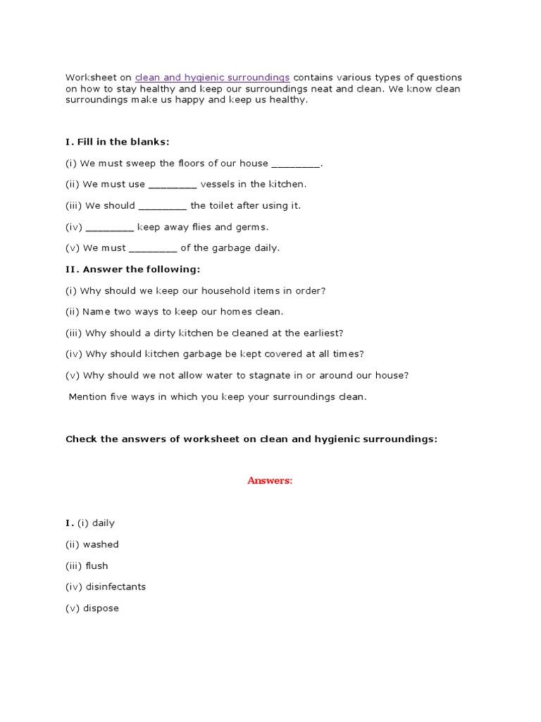 I. Fill in The Blanks:: Clean and Hygienic Surroundings | PDF | Hand ...