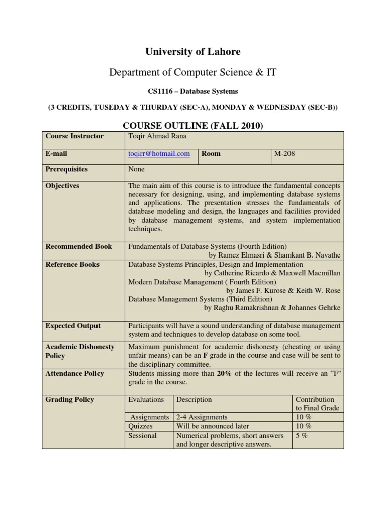 Course Outline Database Systems | PDF | Relational Model | Data Model
