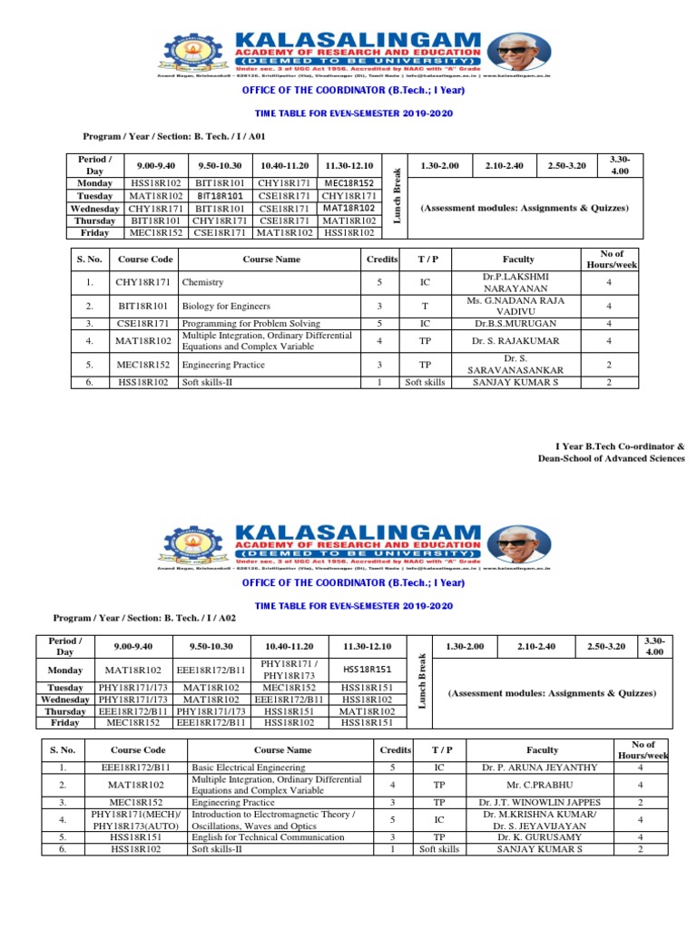 TIME TABLE (B.Tech, I Year) 09-04-2020-For Virtual Classes | PDF ...