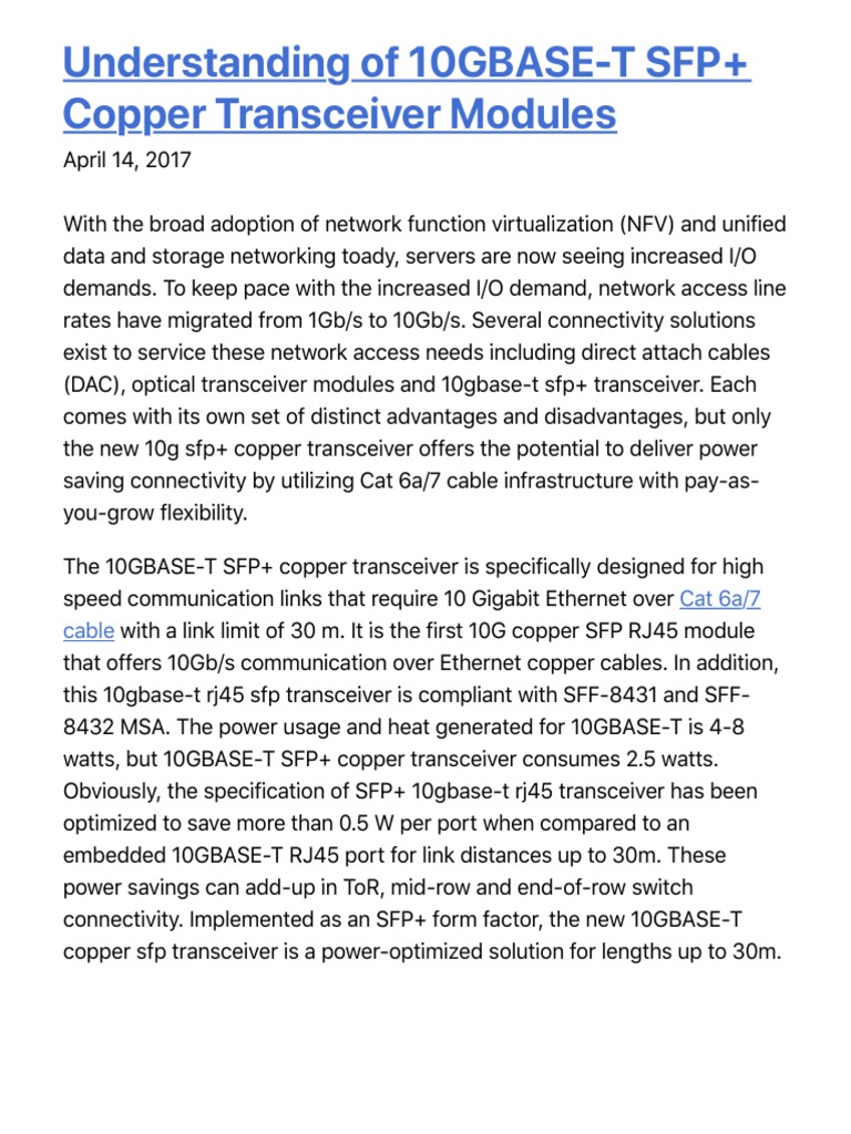 Understanding 10GBASE-T SFP+ Copper Modules | PDF | Telecommunications ...