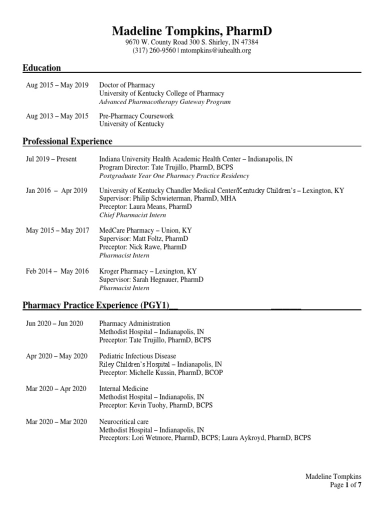 Madeline Tompkins - CV | PDF | Pharmacy | Pharmacist