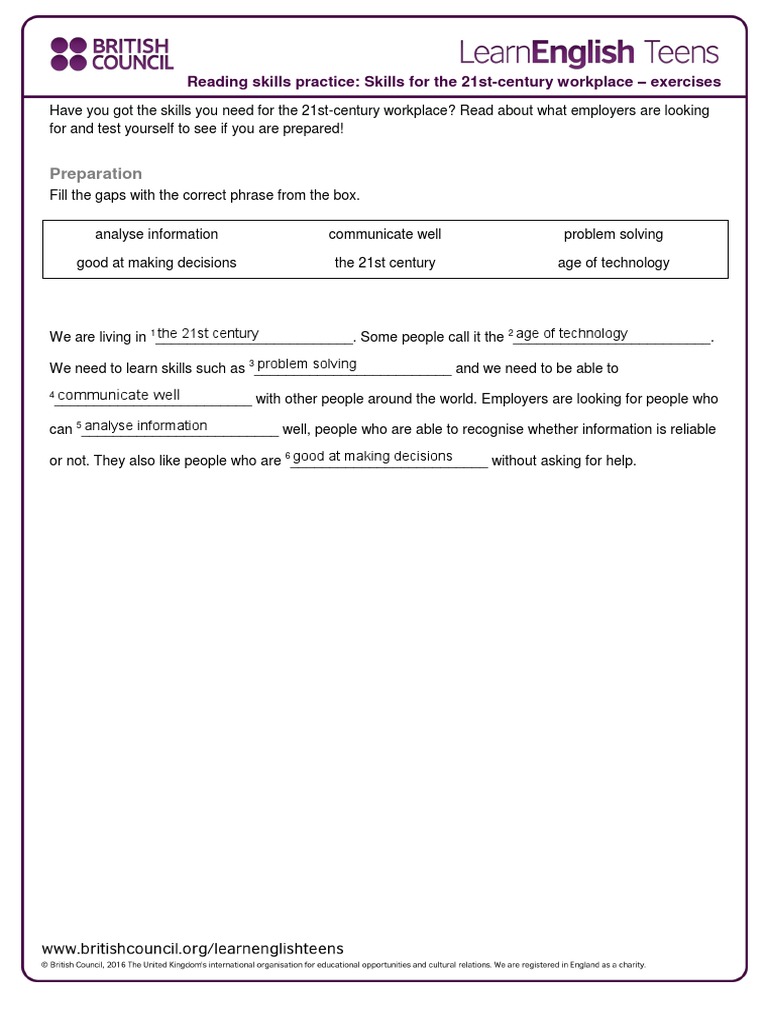 Preparation: Reading Skills Practice: Skills For The 21st-Century ...