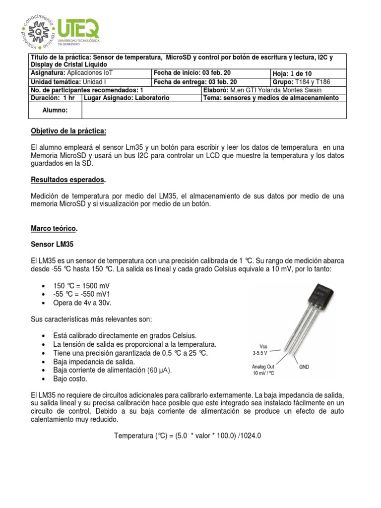 Practica 005 Sensor Temp miniSD Boton LCD I2C | PDF | Pantalla de cristal líquido | Monitor de ...