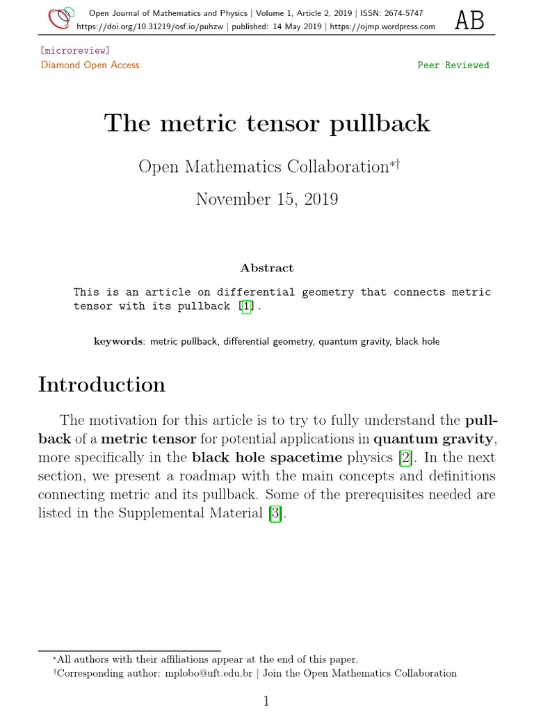 The Metric Tensor Pullback: Open Mathematics Collaboration November 15 ...