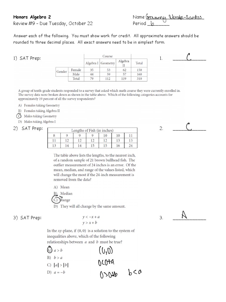 Honors Algebra 2: Name - Review #9 - Due Tuesday, October 22 Period | PDF