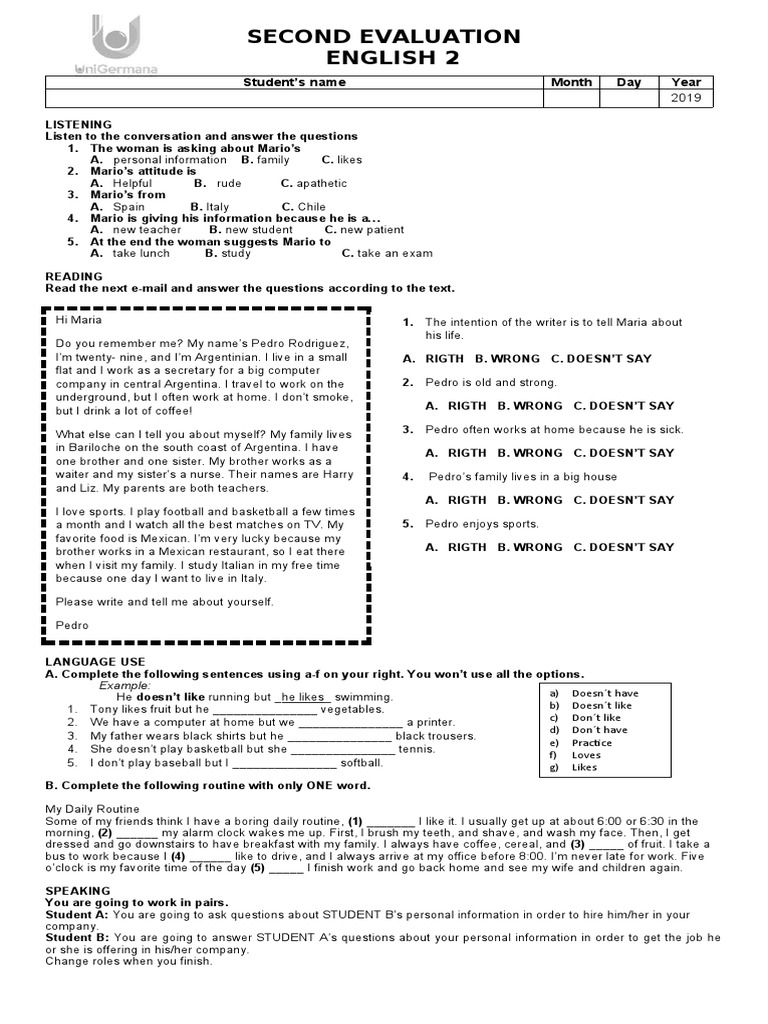 Second Evaluation - English 2 | PDF