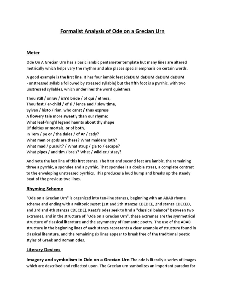 Formalist Analysis of Ode On A Grecian Urn | PDF | Poetics | Poetry
