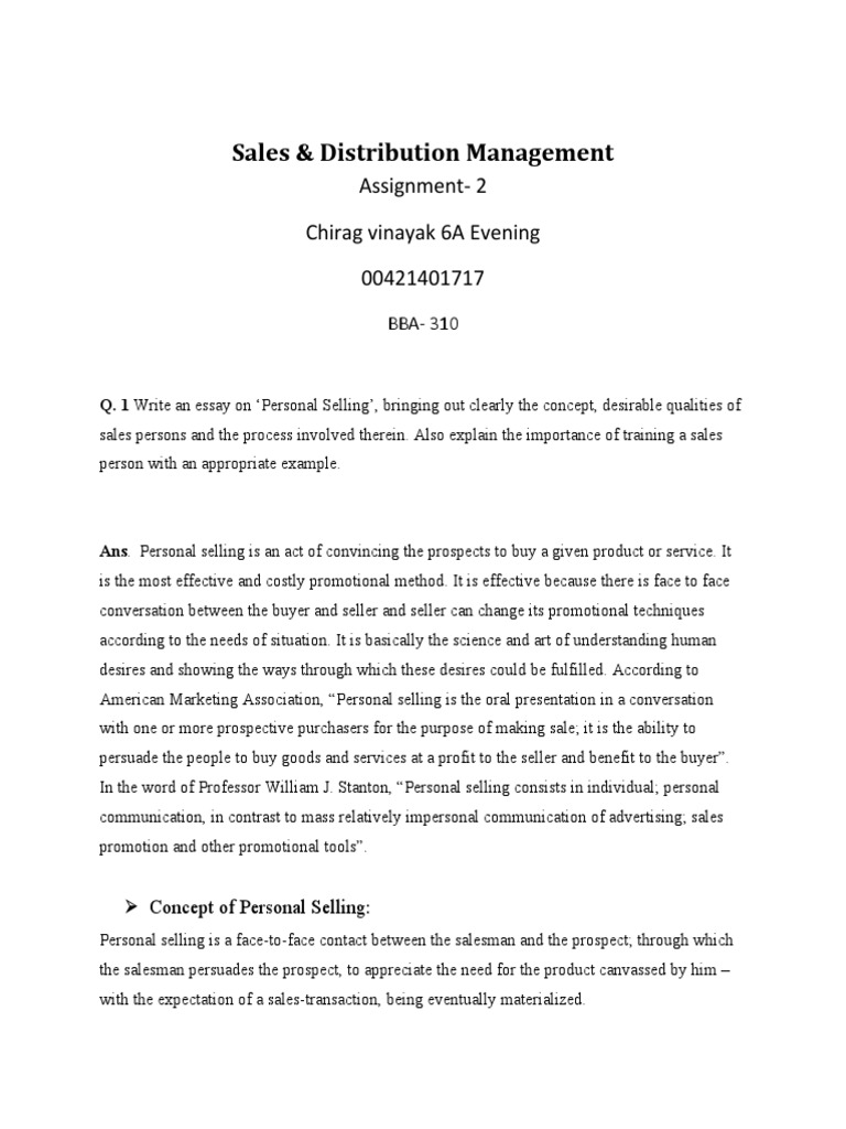 Sales & Distribution Management (Assignment 2 BBA) | PDF | Sales ...