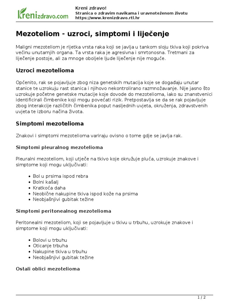Mezoteliom Uzroci Simptomi I Lijecenje | PDF