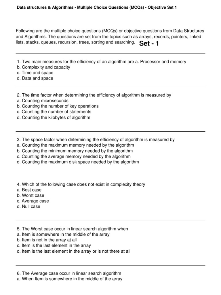 Data Structures A Algorithms Multiple Choice Questions Mcqs Objective Set 1 Pdf Array Data