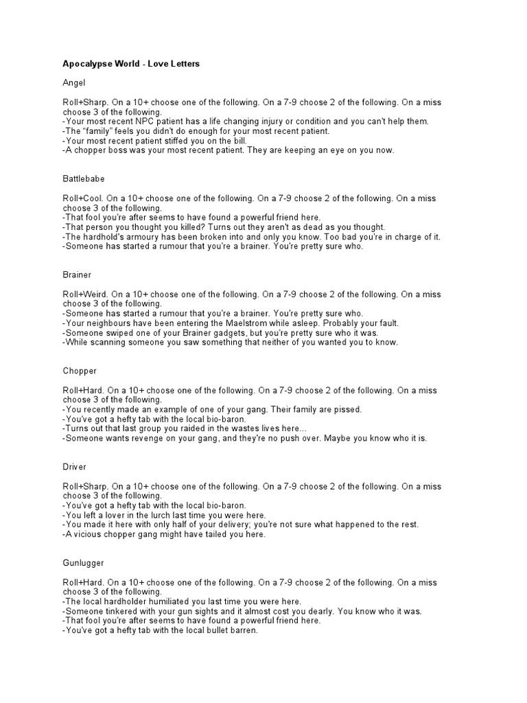 Apocalypse World - Love Letters & Sweet Dreams | PDF | Home & Garden ...