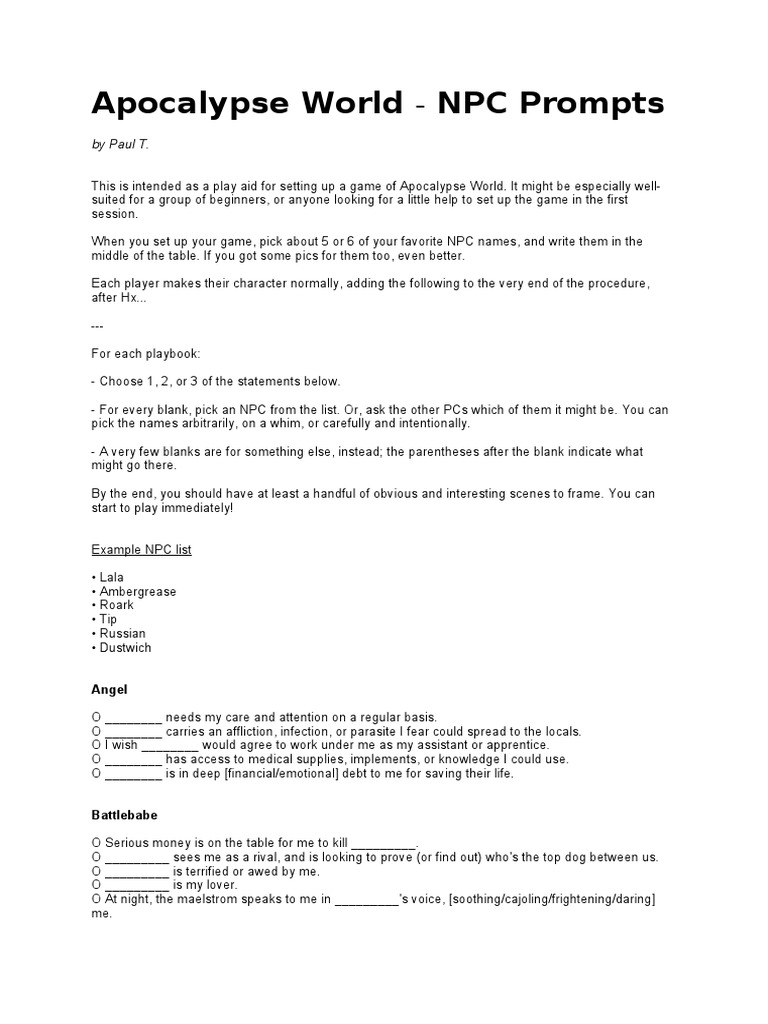 Apocalypse World - NPC Prompts | PDF | Leisure