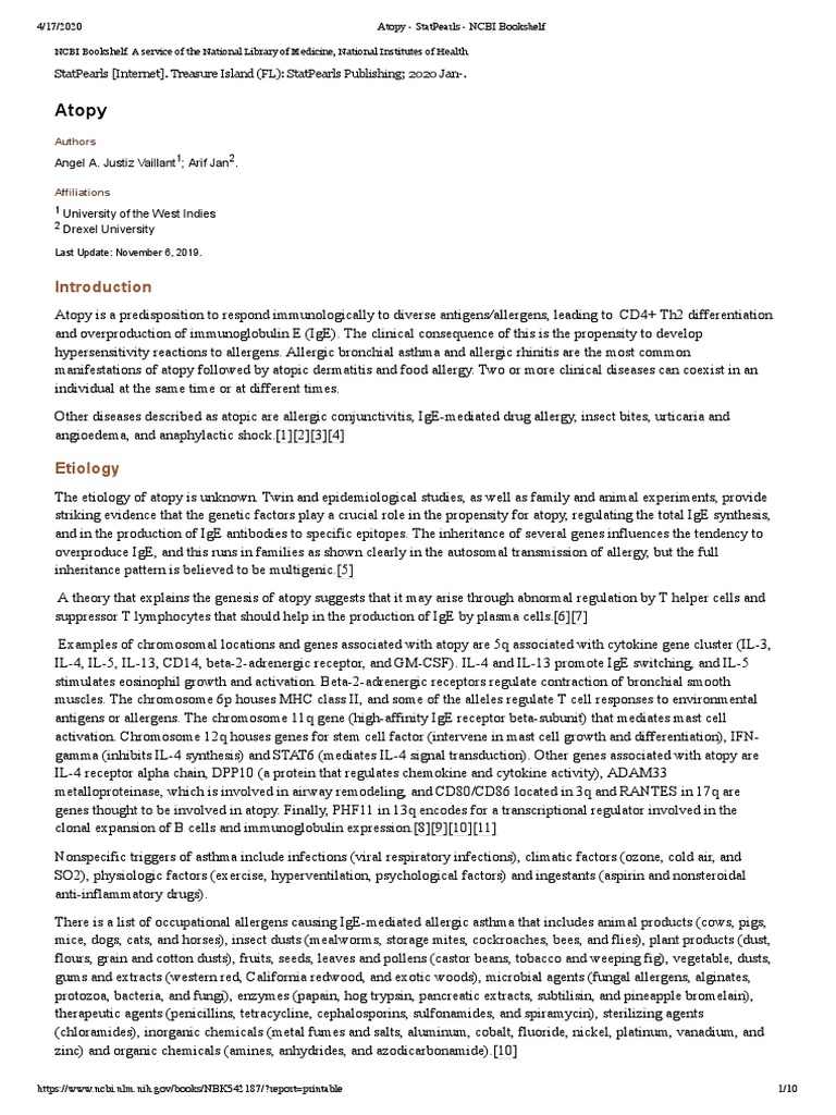 Atopy - StatPearls - NCBI Bookshelf PDF | PDF | Allergy | Allergen