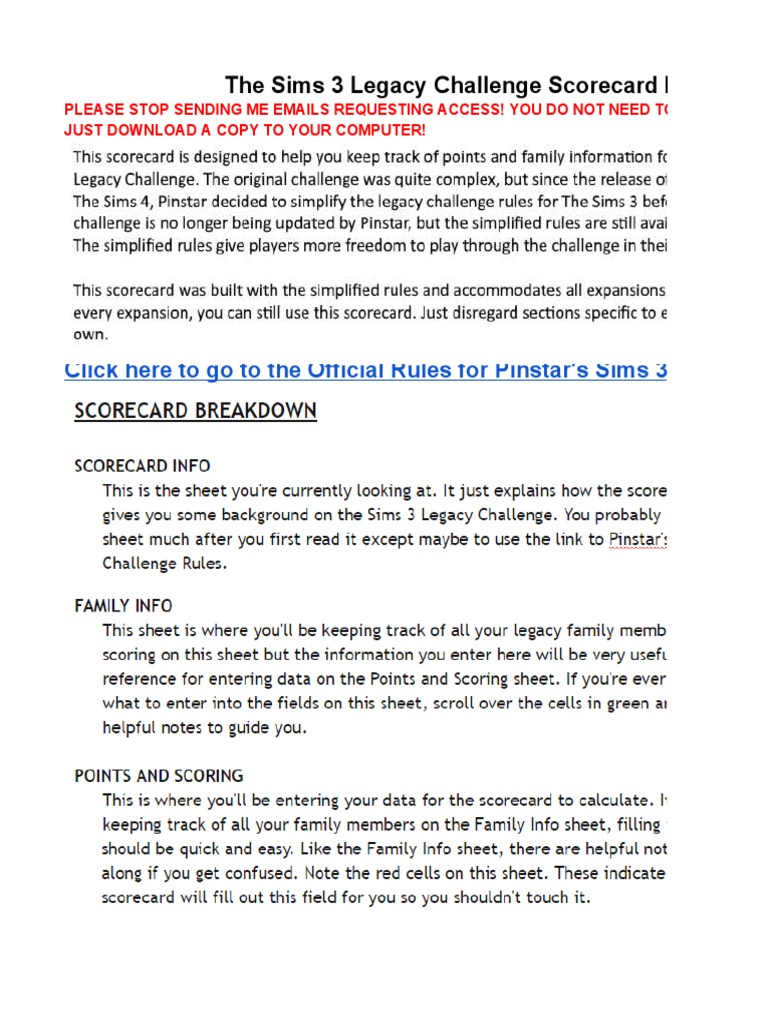 Sims 3 Legacy Scorecard (Simplified Rules, All EPs) | PDF | Computing ...