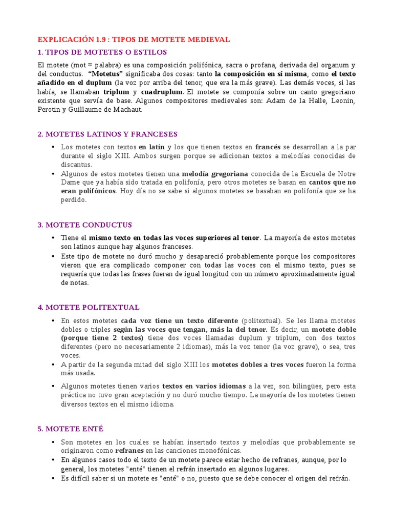 1.9 Tipos de Motete PDF | PDF | Clasicismo | Música clásica