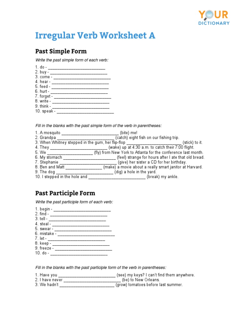 Irregular Verb Worksheet A: Past Simple Form | PDF | Linguistics ...