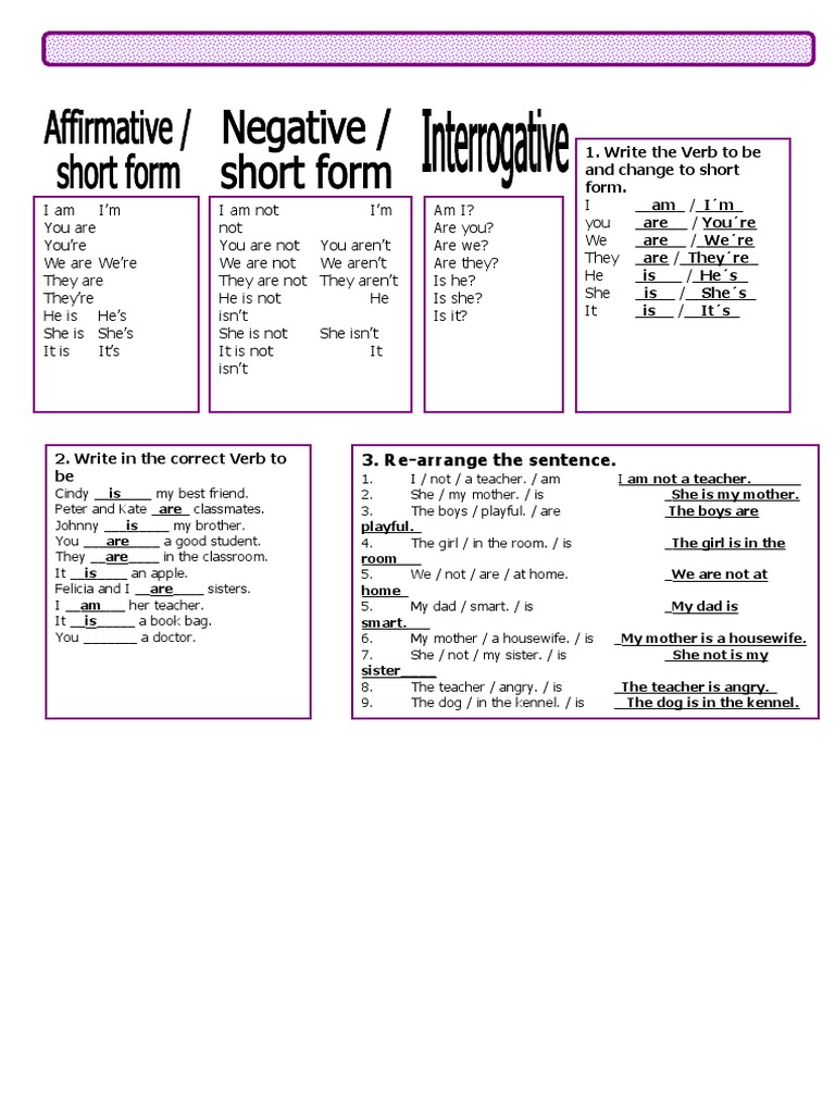 Write The Verb To Be and Change To Short Form.: 3. Re-Arrange The ...