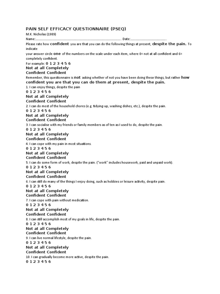 Pain Self Efficacy Questionnaire | PDF | Metaphysics Of Mind | Quality ...