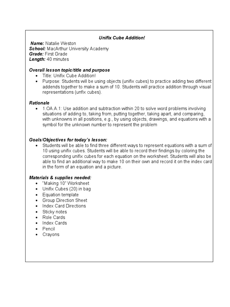 Unifix Cube Addition Lesson Plan | PDF | Cognition | Learning