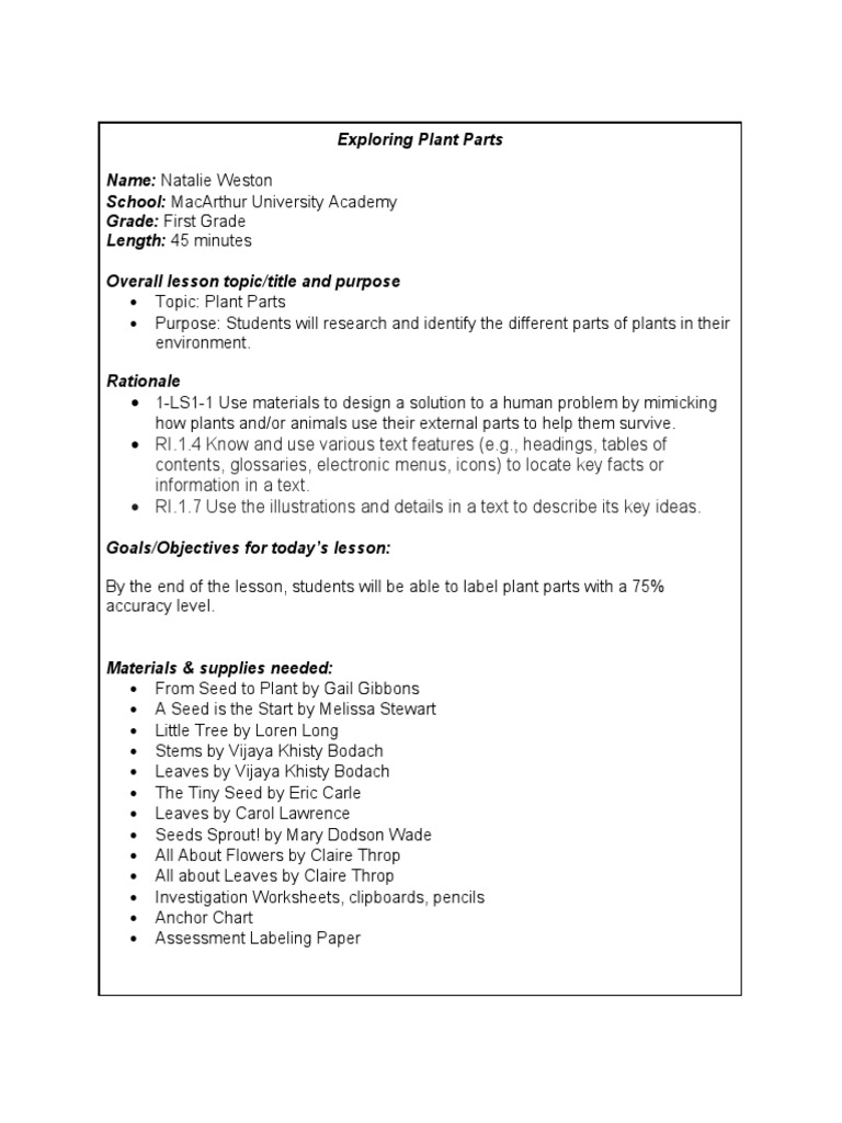 First Grade Plant Parts Lesson | PDF | Flowers | Cognition