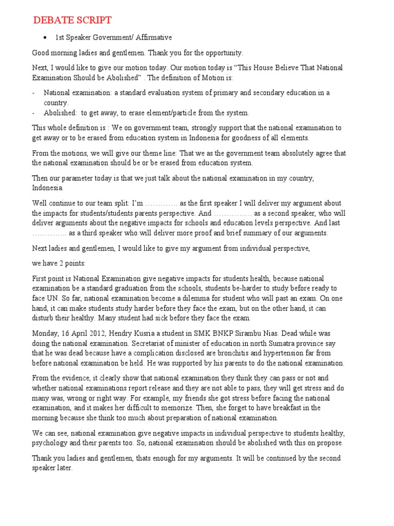 Debate Scriptt | PDF | Test (Assessment) | Competition