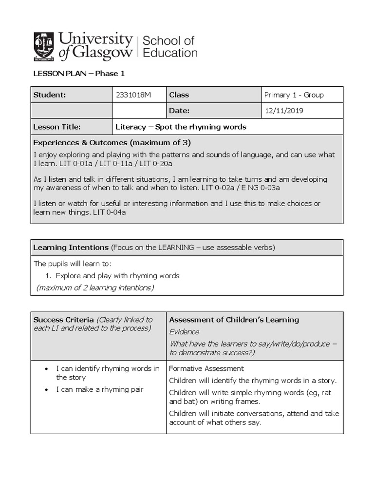 Rhyming Words Lesson Plan for Primary 1 | PDF | Lesson Plan | Pedagogy