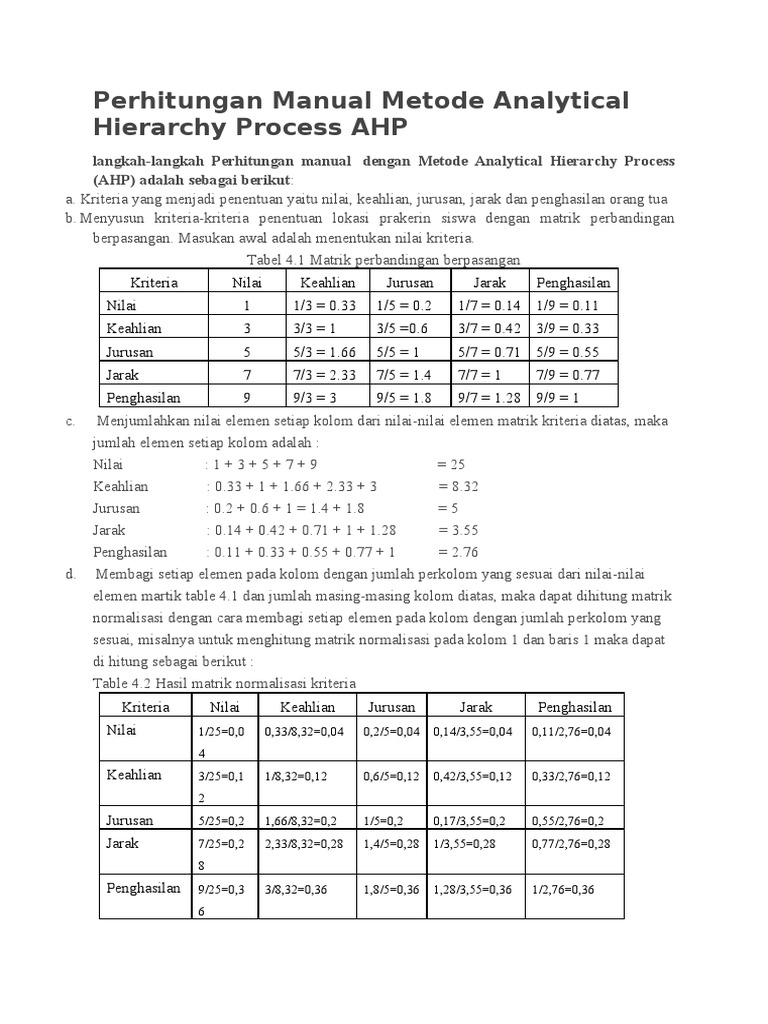 Perhitungan Manual Metode Analytical Hierarchy Process AHP | PDF