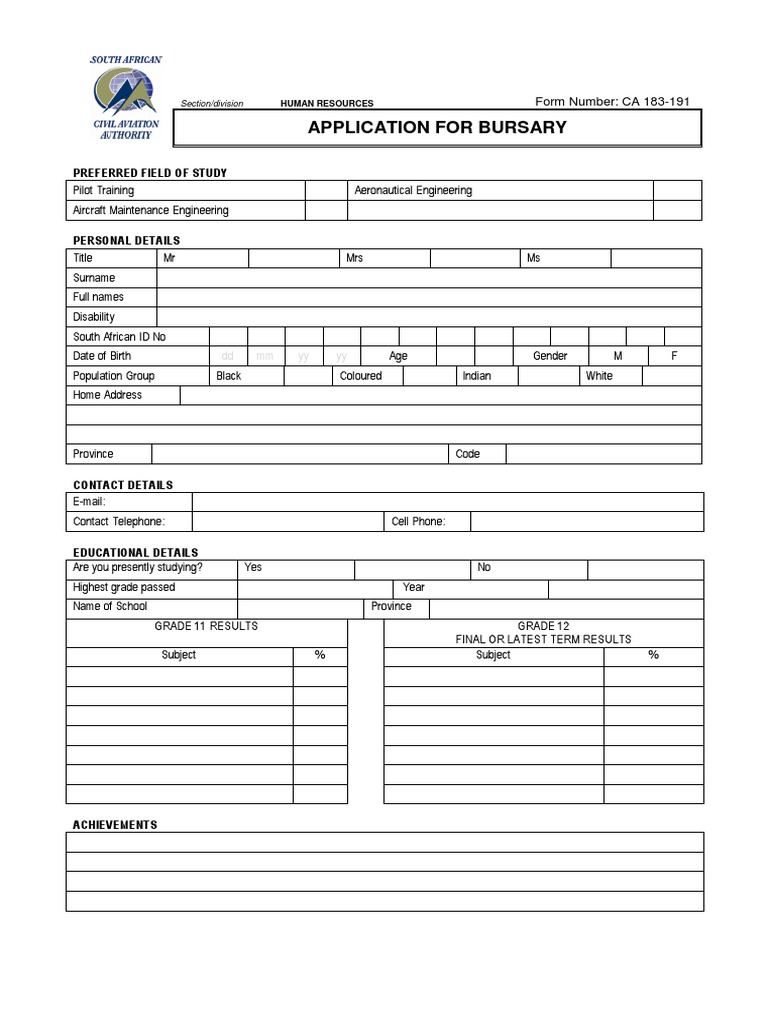 SACAA Bursary Application Form | PDF | Government | Business
