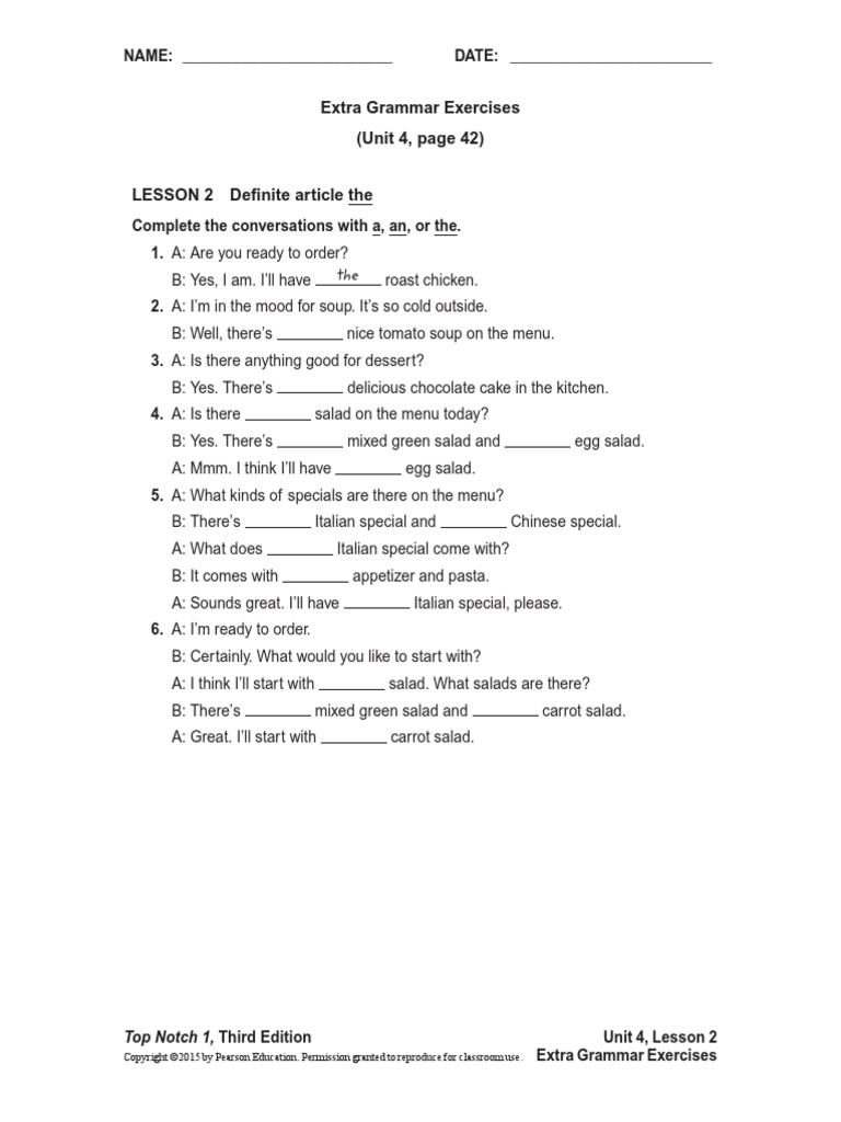 Extra Grammar Exercises (Unit 4, Page 42) : Top Notch 1, Third Edition | PDF