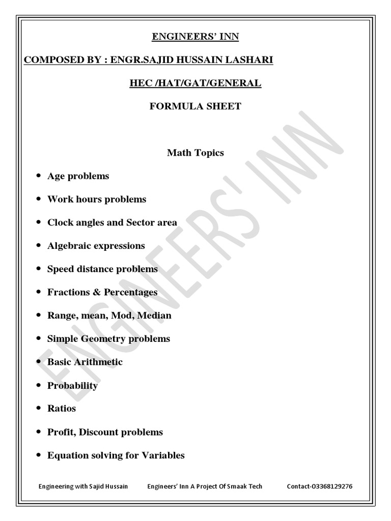 Math & Probability Formula Sheet | PDF | Area | Mean