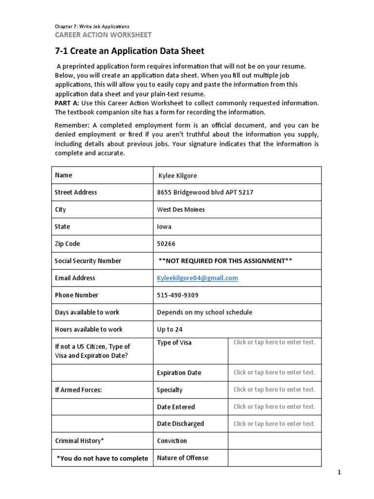 7-1 Create An Application Data Sheet: Career Action Worksheet | PDF ...