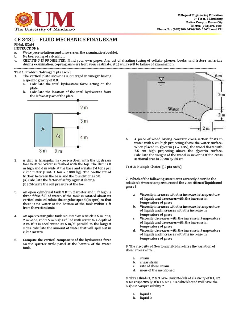 Ce 343L - Fluid Mechanics Final Exam | PDF | Viscosity | Shear Stress