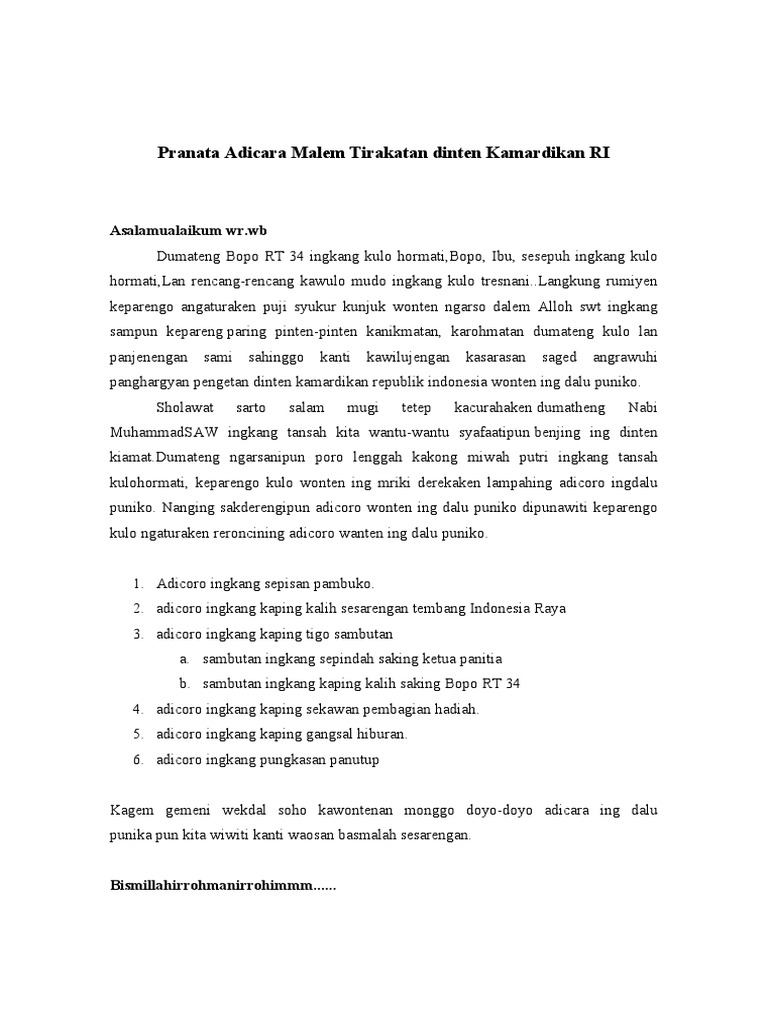 Pranata Adicara Malem Tirakatan Dinten Kamardikan RI | PDF
