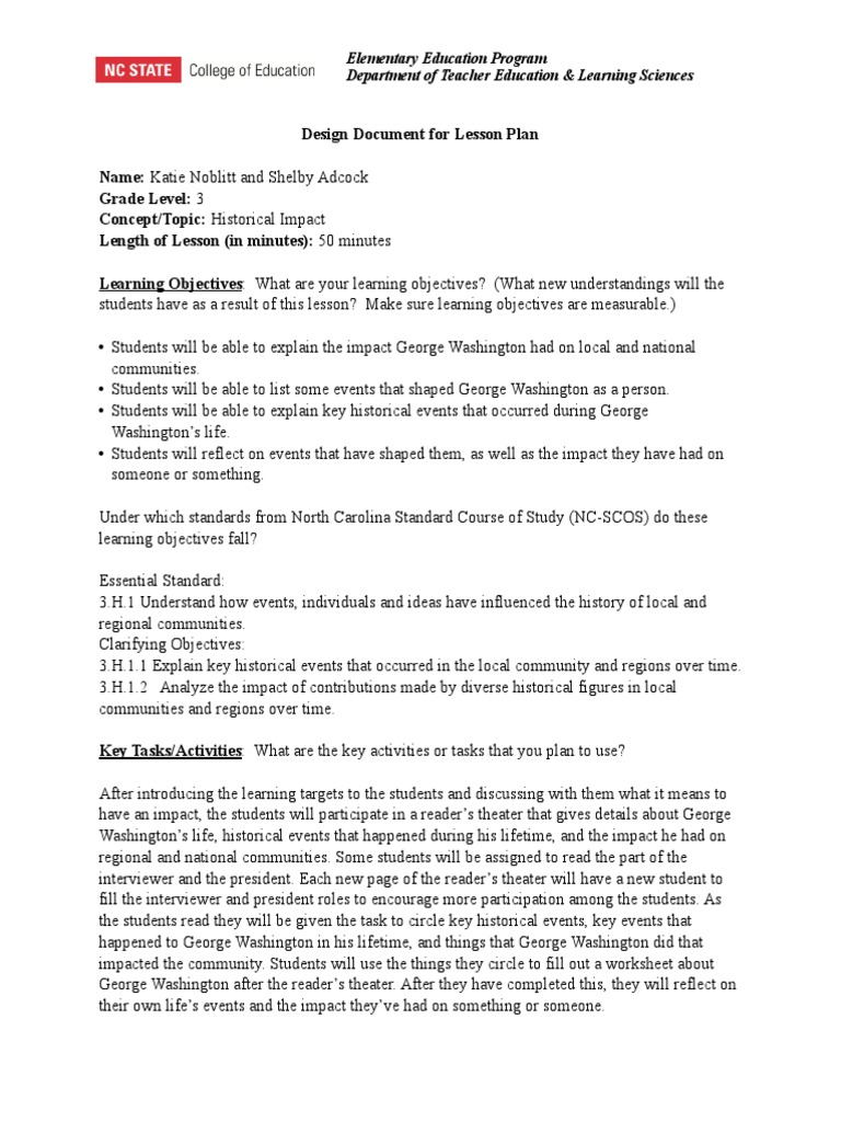 Lesson Plan: George Washington's Impact | PDF | Lesson Plan | Classroom ...