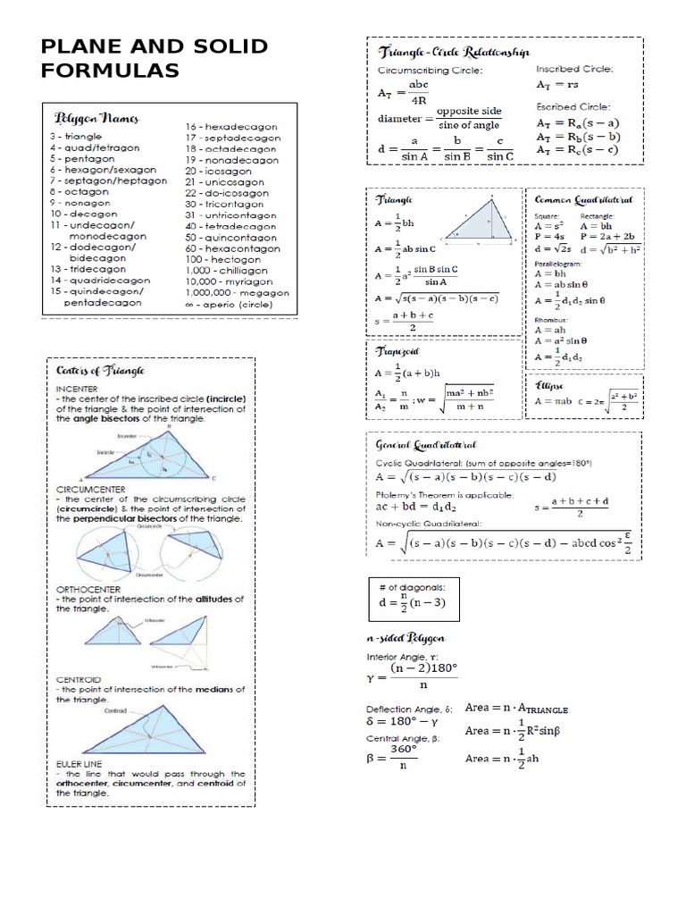 Plane and Solid Formulas | PDF