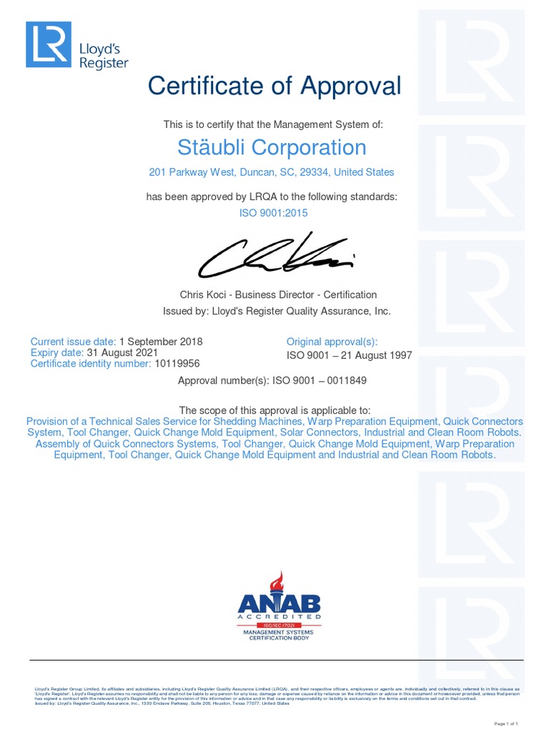 Stäubli Corporation 0011849-QMS-ENGUS-ANAB | PDF | Iso 9000 | International Organization For ...