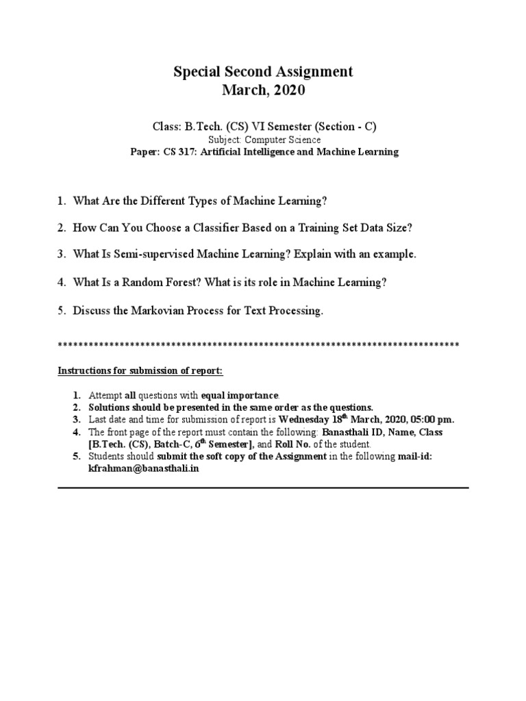 Special Second Assignment March, 2020: Subject: Computer Science | PDF