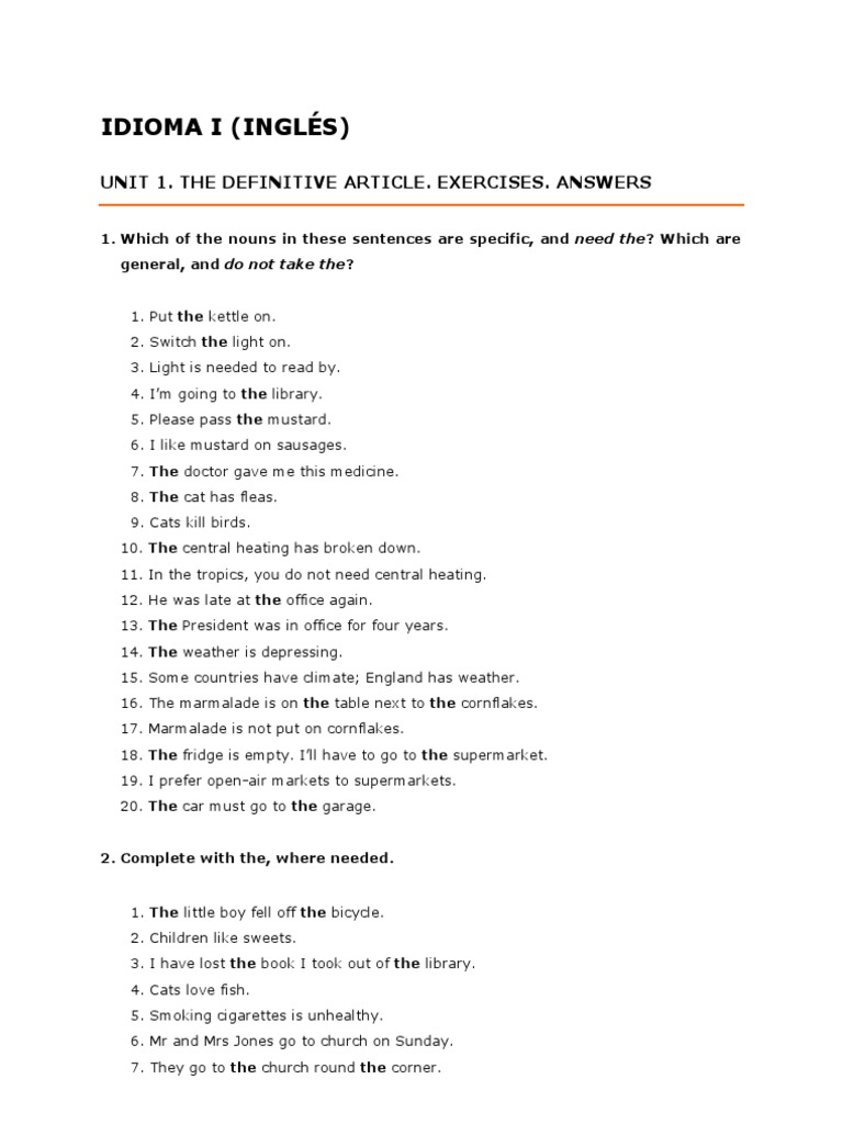 Definite and Indefinite Articles Exercises | PDF