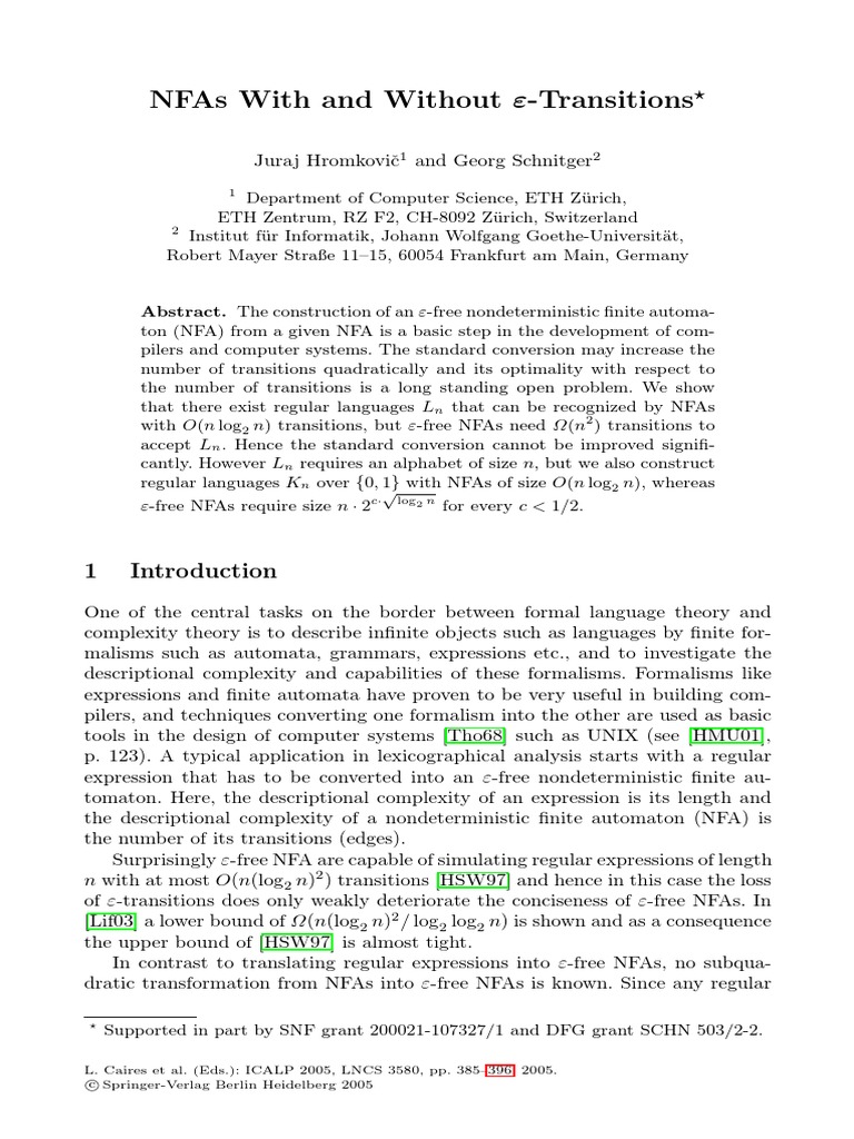 2005 - Hromkovic, Schnitger - NFAs With and Without E-Transitions | PDF ...