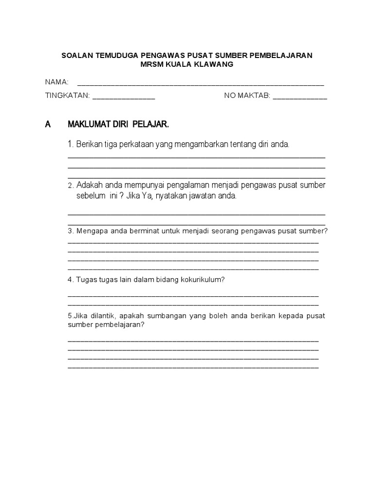 Soalan Temuduga Pengawas Pusat Sumber | PDF | Pengembangan Diri