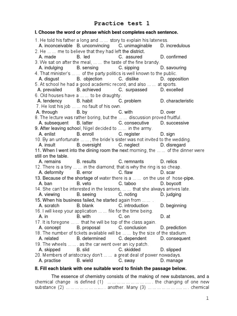 Practice Test 1: I. Choose The Word or Phrase Which Best Completes Each ...