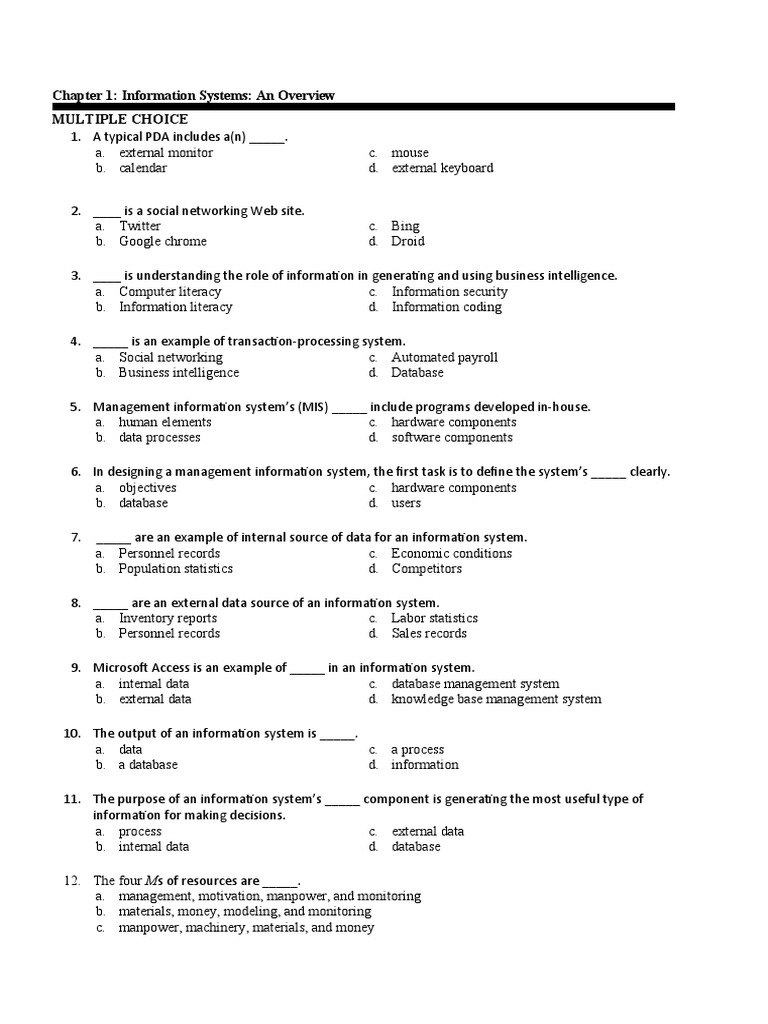 Ch 1: Info Systems Overview MCQ | PDF | Information System | System