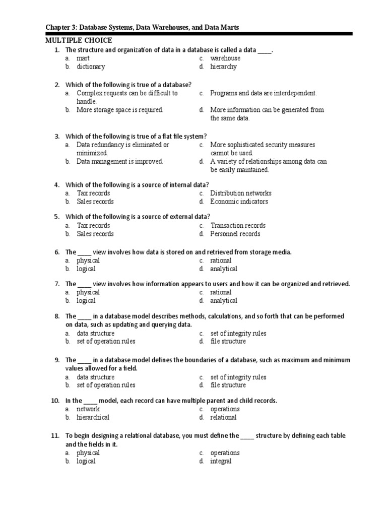 Chapter 3: Database Systems, Data Warehouses, and Data Marts Multiple Choice | PDF | Relational ...