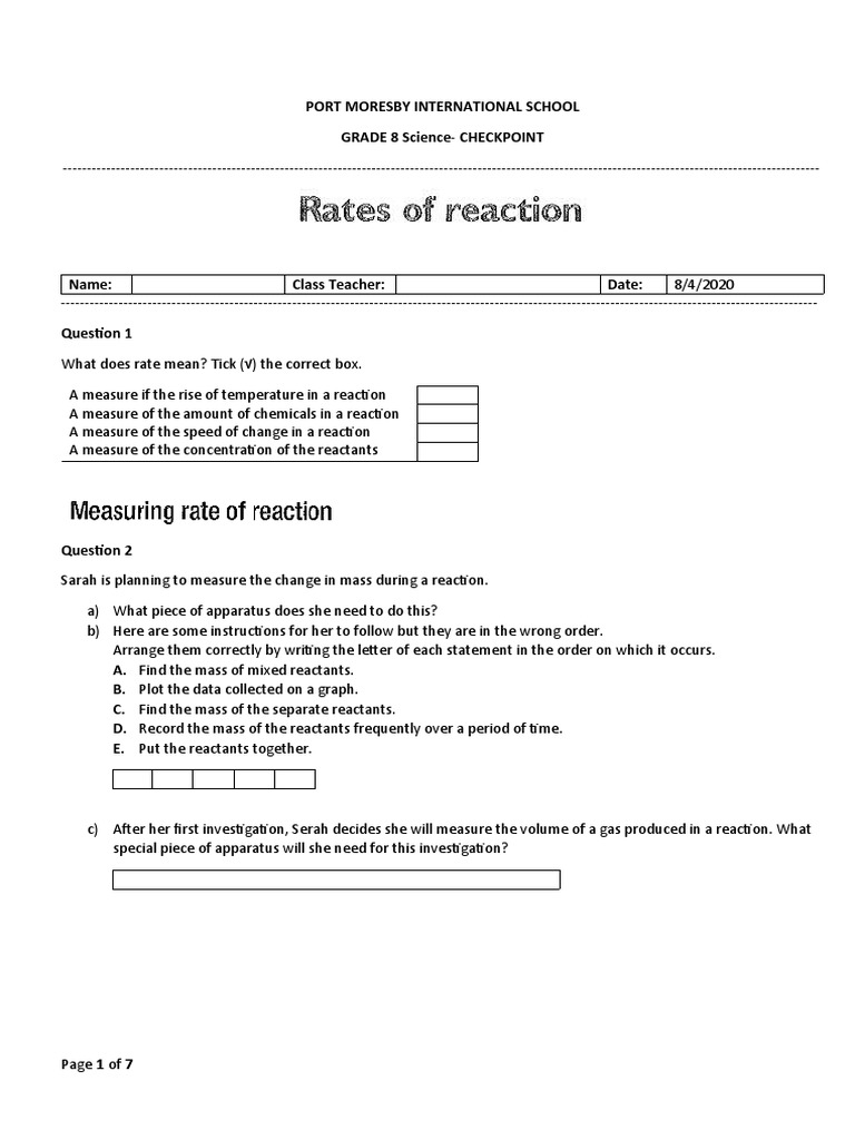 Rate of Reaction - Grade 8 Worksheet | PDF | Catalysis | Chemical Reactions