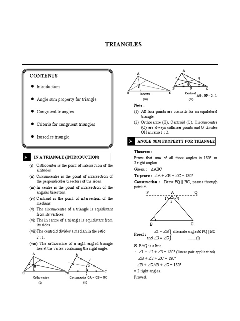 Triangles: Angle Sum Property For Triangle Congruent Triangles Criteria For Congruent Triangles ...
