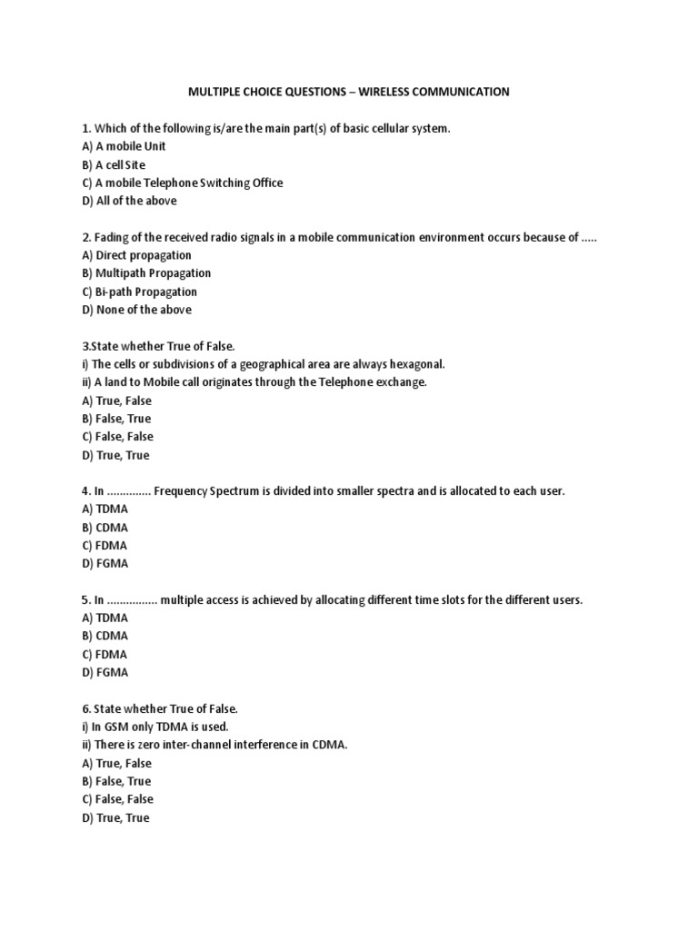 Multiple Choice Questions - Wireless Communication | Download Free PDF ...