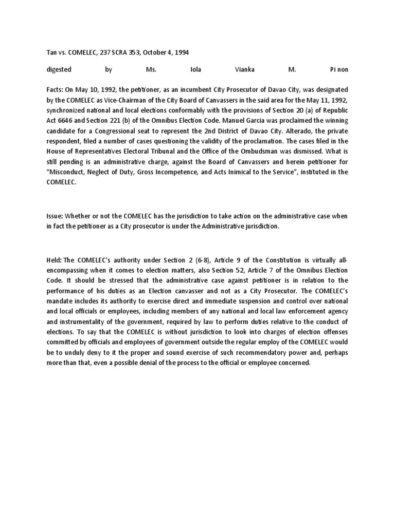 The COMELEC Has Jurisdiction Over Administrative Cases Related to the ... The COMELEC Has Jurisdiction Over Administrative Cases Related to the ...